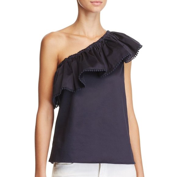 Aqua | Tops | Aqua Bloomingdales Ruffle One Shoulder Cotton Navy Blue ...